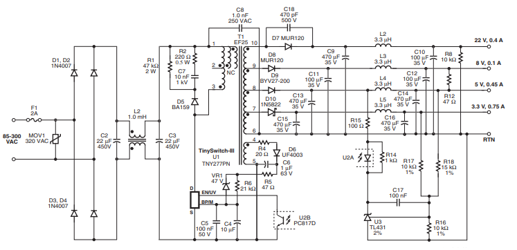 TNY277开发的带过电压停机保护宽范围机顶盒电源-电源网