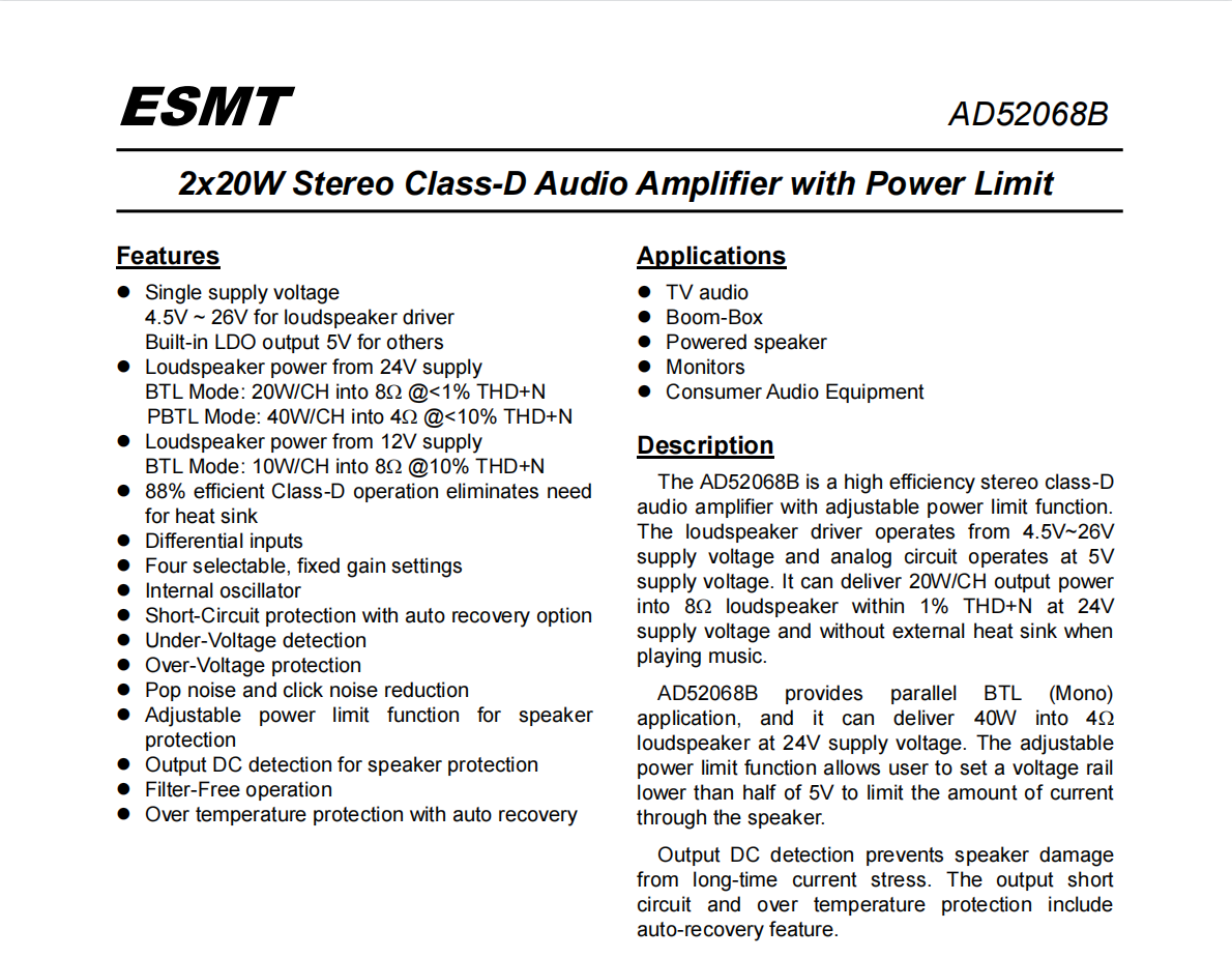 AD52068音频D类20W双声道音频功放芯片，兼容替代TPA3110-电源网