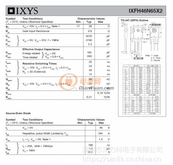 IXFH46N65X2高功率密度 电机驱动器 N沟道场效应管650V 46ATO-247-电源网