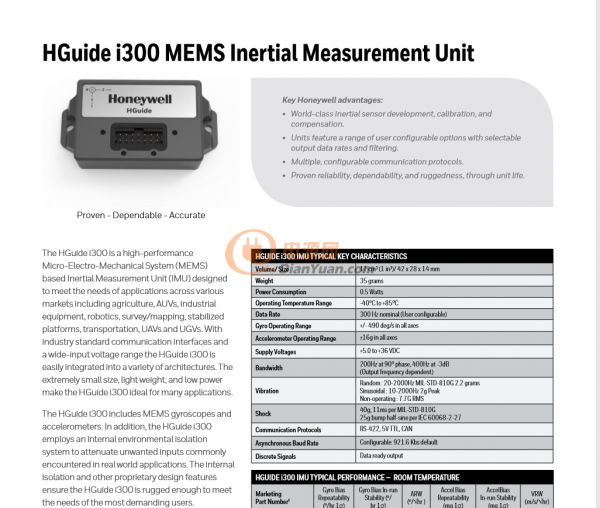 honeywell霍尼韦尔惯导 HGuide i300 IMU广泛应用于工业机器人，测绘及航空航运 HGuide i300 IMU-电源网